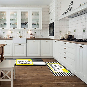 Lemon Kitchen Rugs Set 2 Piece 15.7x23.6in+15.7x47.2in, Non-Slip Kitchen Mats Set Rubber Backing Indoor Entry Door Mat Carpets - Summer Fresh Fruit Yellow Border Black and White Stripes