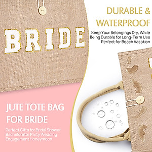 JUSTOTRY Bride Bag - Bride to Be Gifts Natural Jute Large Tote Bag with Webbed Handles Utility Personalized Canvas Bag for bachelorette party Bridal Shower Wedding Gift
