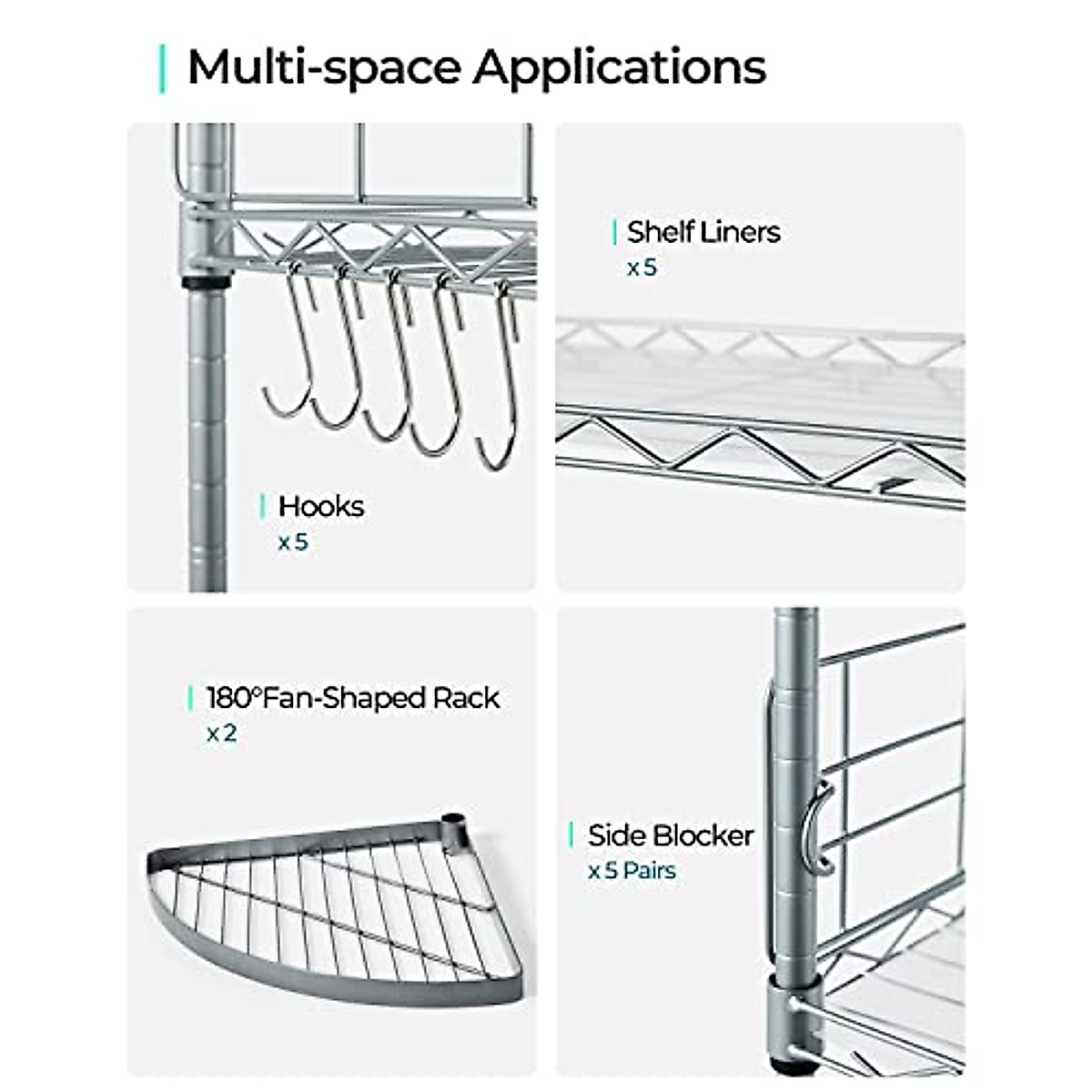 LINSY HOME 5-Tier Storage Shelves with 2 Rotatable Shelves, Height Adjustable Metal Pantry Shelves with 5 Hooks and Shelf Liners, Heavy Duty Metal Shelving, Wire Shelving for Kitchen, Bathroom -Sliver