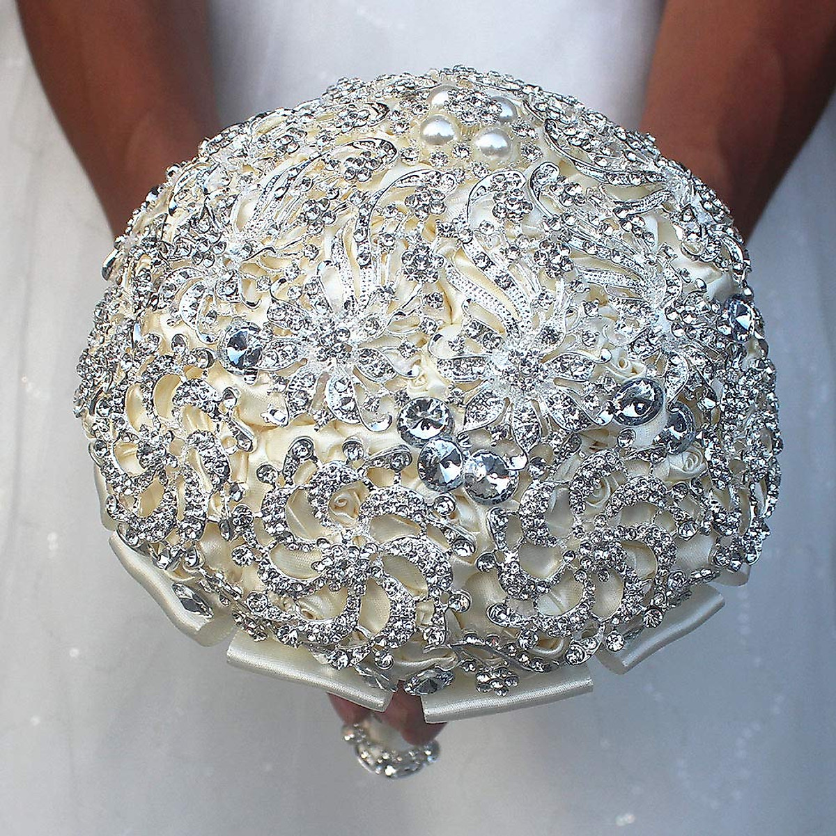 DOTKV Wedding Bouquet with Silver Luxury Artificial Diamond,Set Including Bouquets, Wrist Flowers,Corsage for Your Wedding with Full Hand-Made (Silver+Ivory)