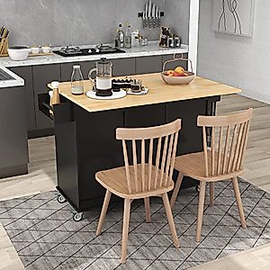 OPTOUGH Rolling Mobile Kitchen Island with Locking Wheels,Storage Cabinet and Drop Leaf Breakfast Bar, Kitchen Cart for Home w/Spice Rack,Towel Rack & Drawer,Black