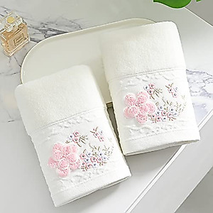 YiLUOMO Beige Hand Towels Stereoscopic Flower Embroidered Bathroom Hand Towel Super Soft 100% Terry Cotton Highly Absorbent Decorative for Home Bathroom(13 x 29 Inch, 2 Pieces)
