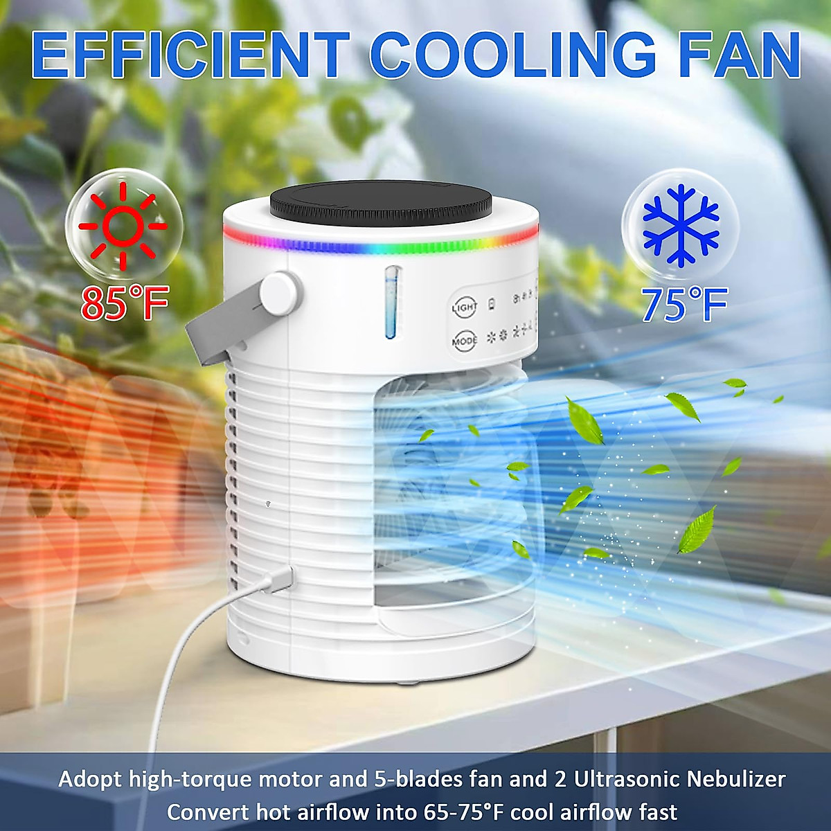 Portable Air Conditioners,Rechargeable Air Conditioner Fan with 6000mAh Battery,3 Speed Personal Evaporative Air Cooler with 3 Mist&3 Timer&Colors Light,Mini AC Cooling Fan for Bedroom,Camping