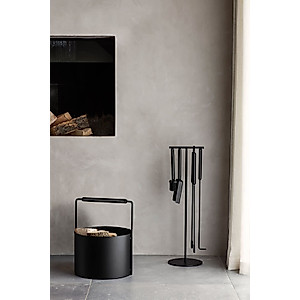 blomus Ashi Wood Basket, Firewood Basket with Handle in Black, 37 L x 35 W x 45 H cm, Carmine Basket Made of Powder-Coated Steel and Oak