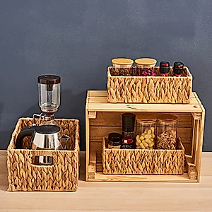 EZOWare Natural Water Hyacinth Baskets, Set of 3 Woven Wicker Rectangular Storage Organizer Bin Boxes with Handles for Closet Toys Clothes Kids Room Nursery - 2 Sizes