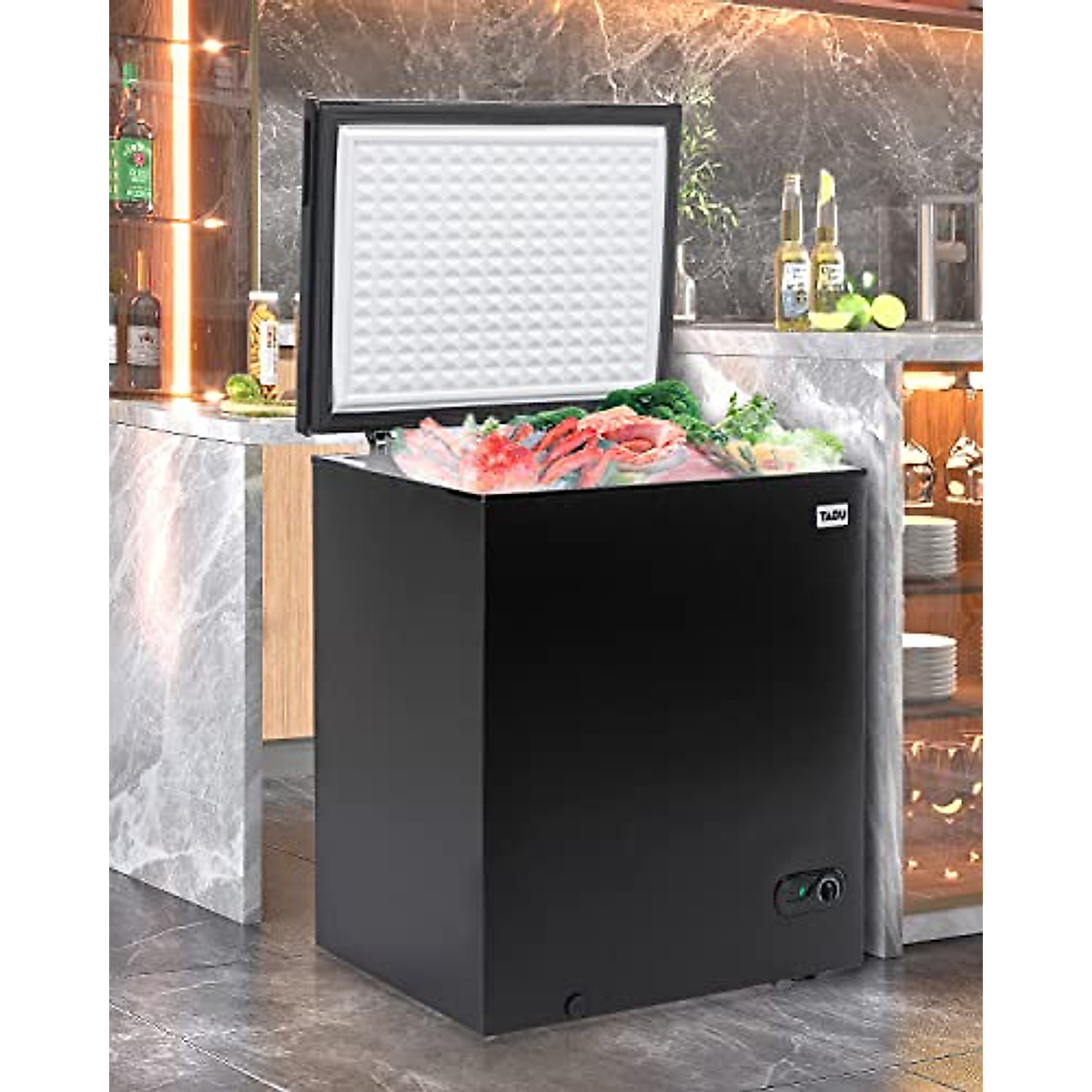 TABU Chest Freezer, 5.0 Cu Ft Deep Freezer with Removable Storage Basket, Black Top Open Door Freezer with 7 Level Adjustable Temperature, Compact Freezer with Top Open Door (Black)