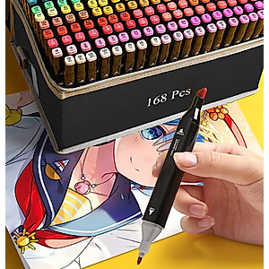 ZECHOMA 168 Colors Alcohol Markers Artist Drawing Art Dual Tip Markers Perfect for Kids Students Adult(168 Black Shell)