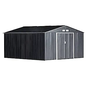 Outsunny 11.15'W x 12.5'D x 6.6'H Outdoor Backyard Garden Tool Shed with Double Sliding Doors, 4 Airy Vents, & Durable Steel, Dark Grey