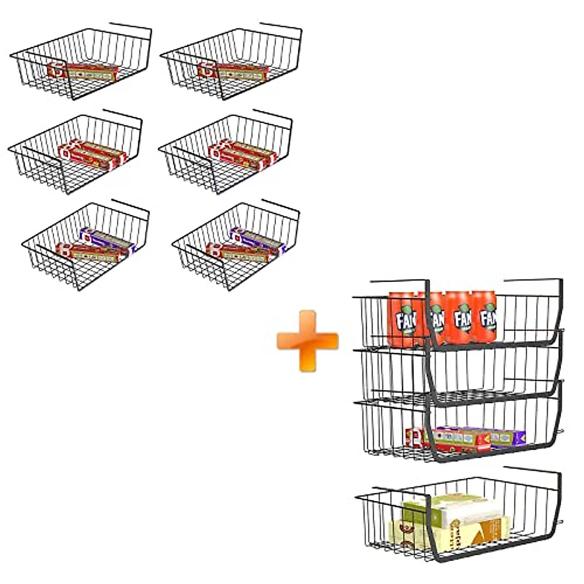 iSPECLE Under Shelf Basket and Stackable Under Shelf Basket, 6 Pack Black Wire Basket Under Shelf for Storage and 4 Pack Black Wire Storage Basket for Storage Pantry, Bundle Sales - Set o