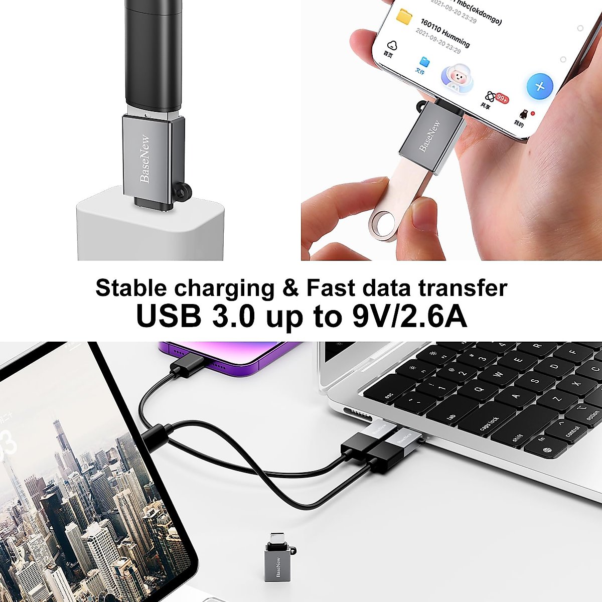 BaseNew USB C to USB Adapter 6 Pack,USBC to USB Adapter,USB A to USB C Adapter,USB to USBC Adapter,USB-C to USB Adapter,C to USB Adapter for MacBook Pro/Air,iPad Pro and More(Grey)
