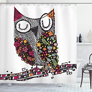 Ambesonne Owls Shower Curtain, Owl Shaped by Geometric Floral Blooms Plants Patterns Colorful Doodle Design, Cloth Fabric Bathroom Decor Set with Hooks, 69" W x 75" L, Multicolor