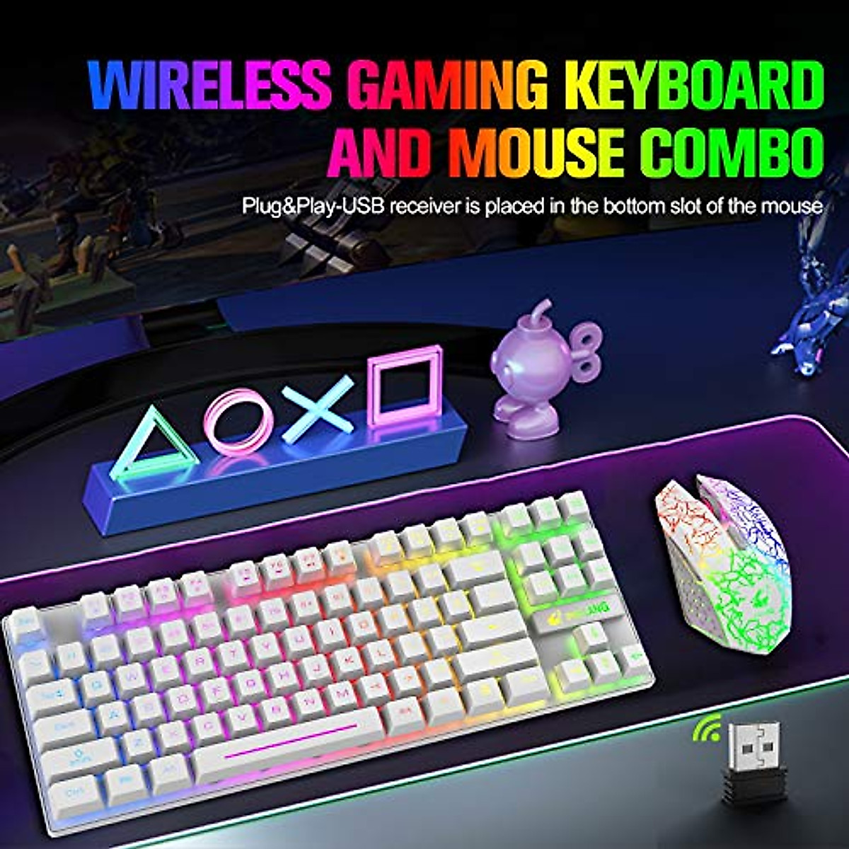 Wireless Gaming Keyboard Mouse and Wrist Rest Set with 87 Key Rainbow Backlight Rechargeable 3800mAh Battery Mechanical Feel Anti-ghosting Ergonomic Waterproof Mute Mice for PC Mac Gamer (White Mix)