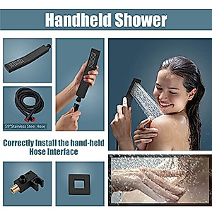 Aolemi Ceiling Mount Shower System, 12 Inch Rain Shower Head with Handheld Spray High Pressure Shower Faucet Set Rough-in Valve and Shower Trim Included Bathroom Matte Black Square Knob