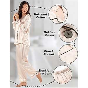GAESHOW Silk Pajamas for Women Long Sleeve Button Down Sleepwear 2 Piece Loungewear Pjs Set Champagne