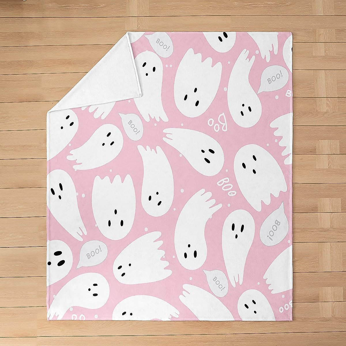 jejeloiu Pink Halloween Fuzzy Blanket Throw 50"x60" Cartoon Ghost Flannel Fleece Throw Blanket for Sofa Couch Kids Kawaii Cute All Season Bed Blanket Pink Plush Blanket