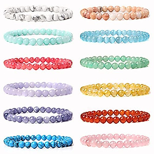JEWPARK 12 PCS Gemstone 6mm Round Beads Bracelet Set Healing Crystal Stone Stretch Bracelets for Men Women Round Beaded Elastic Bracelets
