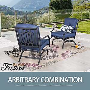 Festival Depot Patio Dining Chair Set of 2 Metal Armchairs with Thick Cushions Outdoor Furniture for Bistro Garden (Blue)
