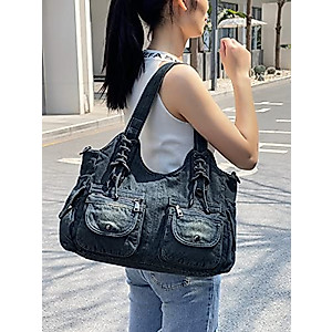 Casual Washed Denim Shoulder Bags Top Handle Lady's Hobo Bags Women Purses And Handbags (Deep Blue)