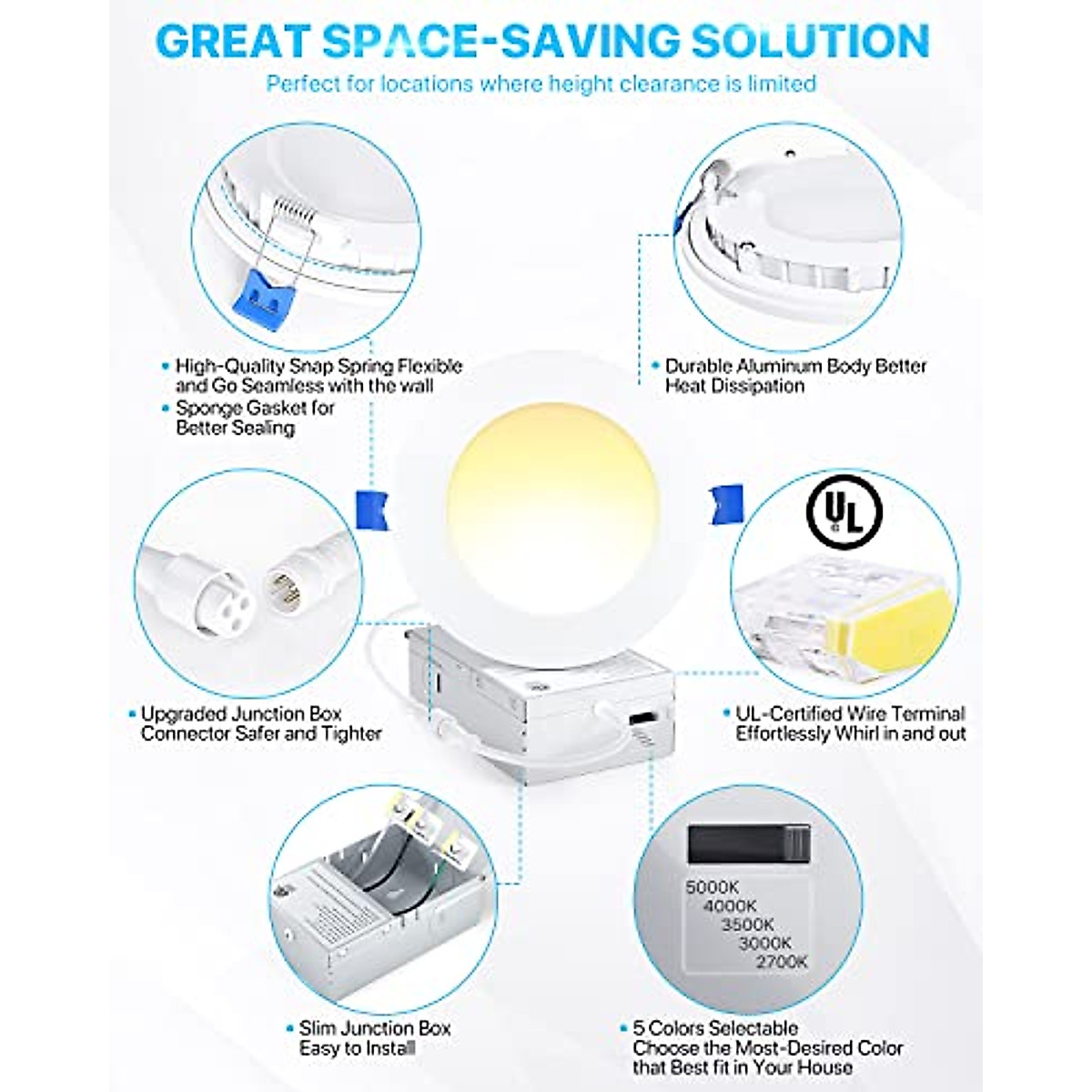 Ensenior 16 Pack Ultra-Thin LED Recessed Lighting 6 Inch 5CCT with Junction Box, 2700K-5000K Selectable, 12W 110W Eqv, Dimmable Can-Killer Downlight, 1050LM High Brightness - ETL&Energy Star
