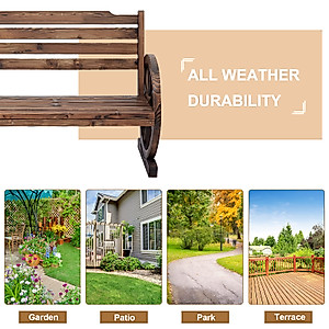KINTNESS Wooden Wagon Wheel Bench Rustic Outdoor Patio Furniture 2-Person Seat Bench with Backrest for Backyard Patio