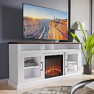 BELLEZE Modern 60" Traditional TV Stand with 18" Electric Fireplace Heater & Media Entertainment Center Console Table for TV up to 65" with Open Storage Shelves & Cabinets - Cayman (White)