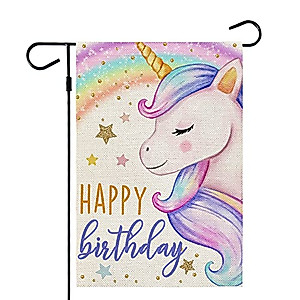 CROWNED BEAUTY Happy Birthday Garden Flag 12x18 Inch Double Sided Girl Unicorn Rainbow Outside Welcome Party Decoration Gift Yard Flag