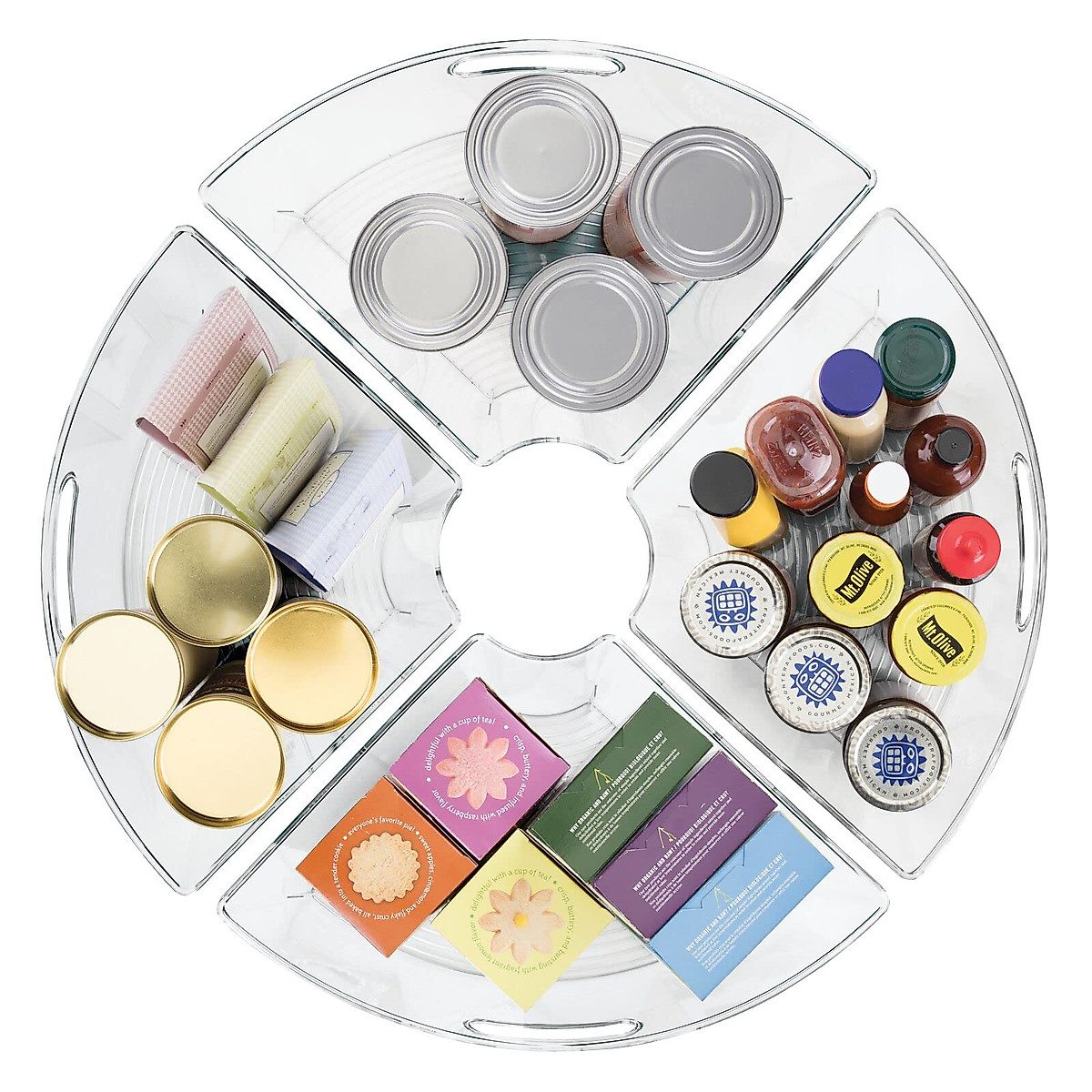 mDesign Kitchen Cabinet Plastic Lazy Susan Storage Turntable Organizer Bins with Built-In Handle - Large Triangle Corner Dividers for Pantry or Cabinets - 1/4 Wedge, 6" Deep Container - 2 Pack - Clear