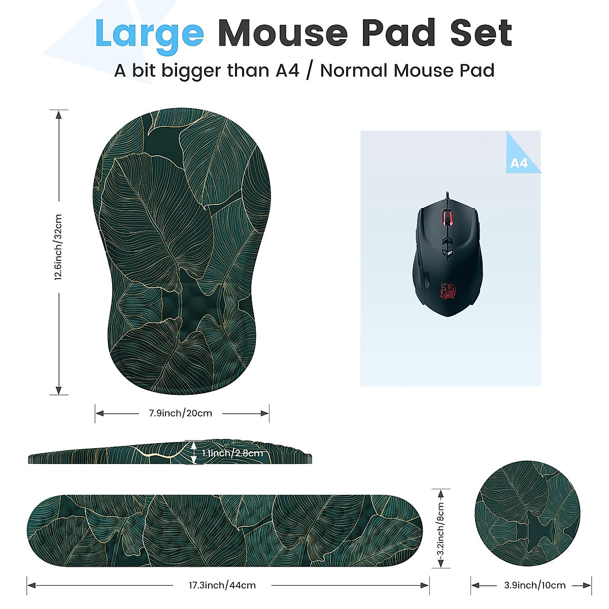 HAOCOO Ergonomic Mouse Pad with Wrist Rest and Keyboard Wrist Rest, 3 PCS Computer Carpal Tunnel Mouse Pads Set for Desk with Coaster, Memory Foam Mousepad Support for Office Laptop, Green Palm Leaves