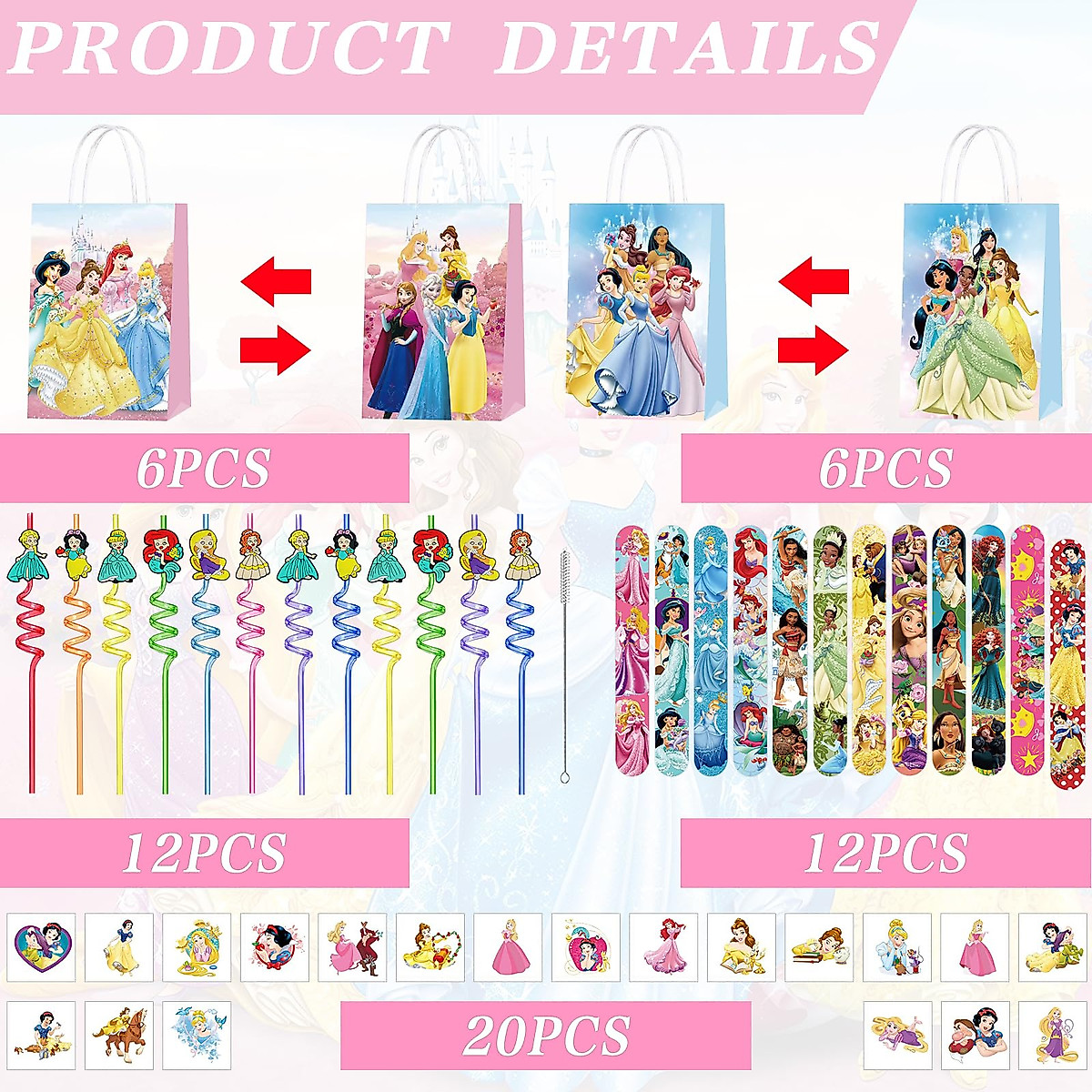 Princess Birthday Party Supplies, Princess Party Decorations Includes 12 PCS Slap Bracelets, 12 PCS Princess Paper Bags, 12 PCS Straws, 20 PCS Temporary Tattoo Stickers for Birthday Party