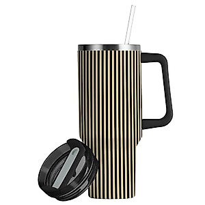 Flradish 40oz Tumbler with Handle, Stripes Khaki Black Stainless Steel Tumbler with Lid and Straws Double Wall Vacuum Insulated Leakproof Coffee Travel Mug