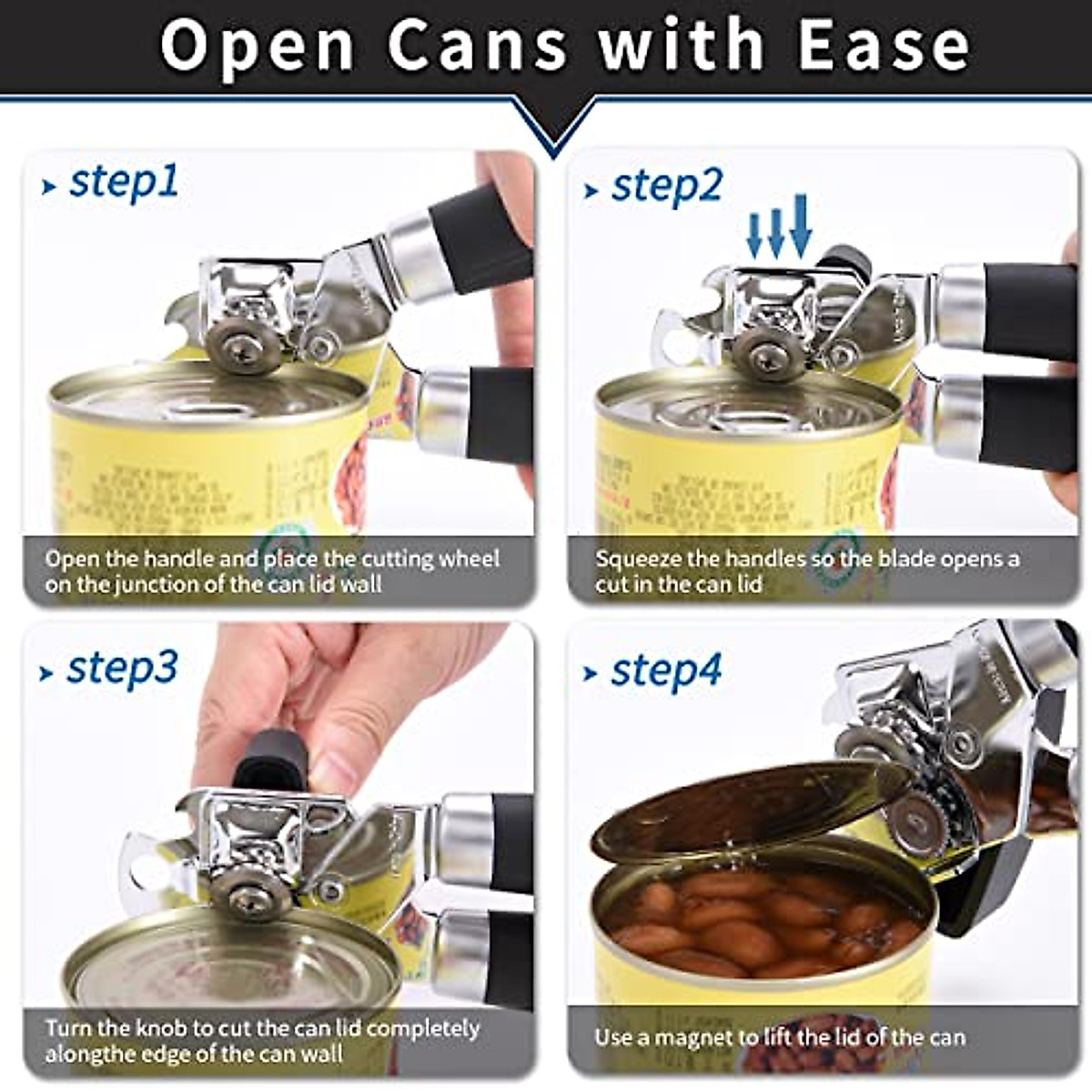 Geolinca Manual Handheld Strong Can Opener, Sharp Cutting Wheel for Smooth Edge Cut, Comfortable Soft Handle, Easy to Use Turn Knob, Includes Built in Bottle Opener, Black