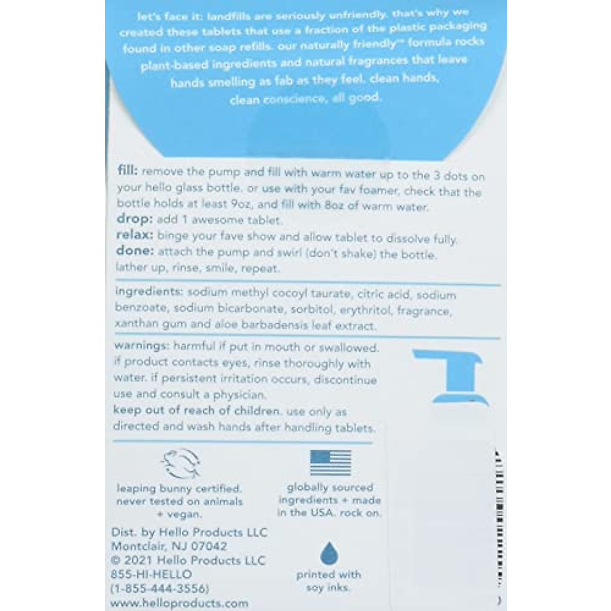 hello Foaming Hand Soap Tablets for Refilling, Dissolvable Hand Soap with Aloe and Sea Minerals Fragrance, Plant Based Soap Ingredients, No Harsh Preservatives, 6 Pack, 0.31 OZ Each