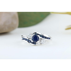 Dazzlingrock Collection 10K Round Blue Sapphire And White Diamond Swirl Bridal Engagement Ring Set, White Gold, Size 8.5