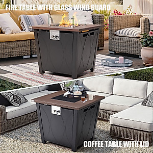 Ulsum Outdoor 28 Inch Gas Fire Table, 50,00 BTU Square Metal GasOutdoor Fire Pit Table with Lid, Glass Wind Guard, Waterproof Cover and Lava Rocks, Propane Fire Pit Table Small Fire Pit for Outside