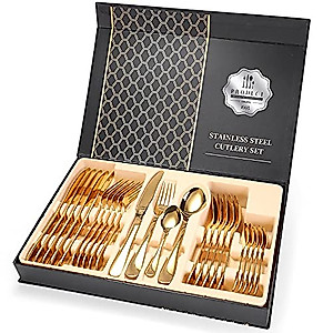 24Pcs/set Gold Cutlery Specular Light Steak Knife Fork Coffee Spoon Stainless Steel Teaspoon Upscale Home Restaurant Cutlery Set (Color : Silver)
