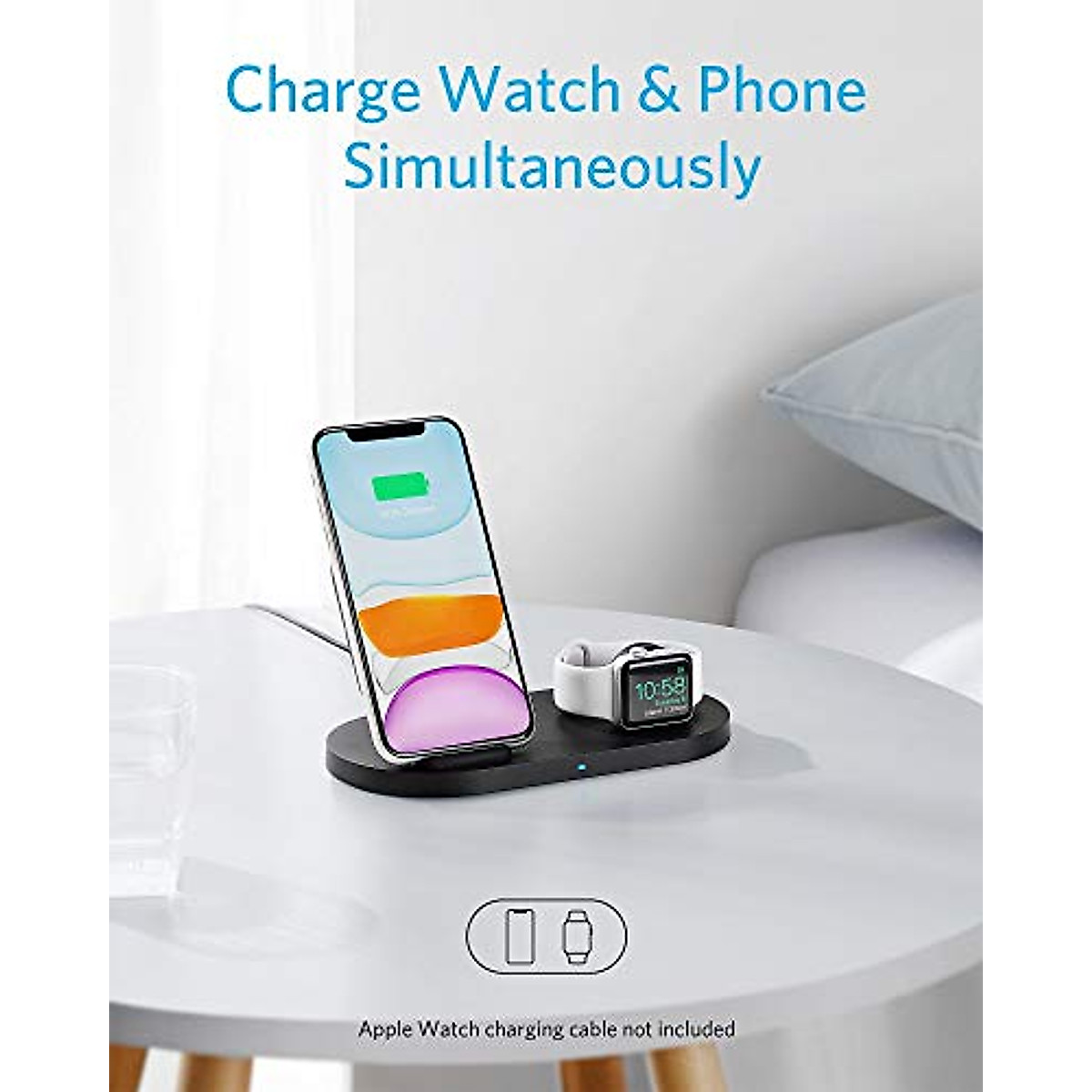 Anker Wireless Charging Station with QC Charger, PowerWave Sense 2-in-1 Stand with Watch Charging Holder for Apple Watch SE/6/5/4/3/2/1, iPhone SE 2020, 11, 11 Pro (Watch Charging Cable Not Included)