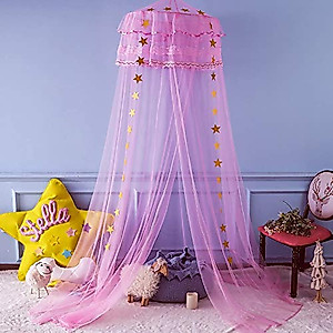 Twinkle Star Kids Netting Princess Bed Canopy 3 Layers Lace Ruffle Dome for Baby, Girls (Pink)