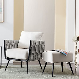 Ya-Home Modern Accent Chair with Ottoman, Velvet Upholstered Side Chair Single Sofa Armchair with Black Metal Legs for Living Room Bedroom Reception Room, Beige