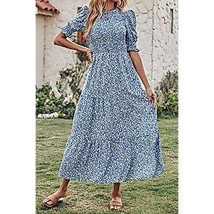 BTFBM Women Casual Summer Dresses 2023 Spring Crew Neck Ruffle Short Sleeve Floral Leopard Smocked Boho Flowy Maxi Dress(Floral Blue White, Medium)