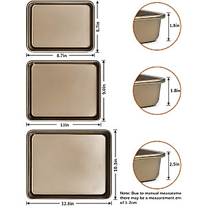 SuperMa 3 Pack Deep Baking Pans Set Nonstick Rectangular Cookie Sheets 9 11 13 Inch Baking Sheets for Baking Bread, Toaster Bakeware Gold