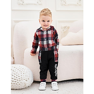 Fuermos Newborn Infant Baby Boy Clothes Plaid Button Long Sleeve Hoodies Romper+ Mama's and Boy Pants Outfits Set