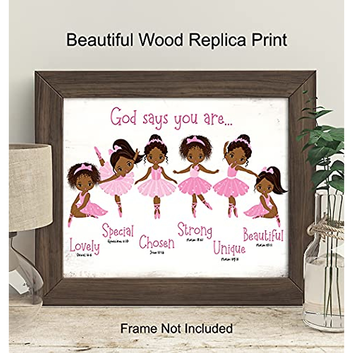 Black Afro African American Girl Wall Art - God Says You Are Christian Bible Verses - Religious Room Decor - Toddler, Little Girls Bedroom Decor - Pink Ballerina Baby Room Decorations - Daughter Gifts