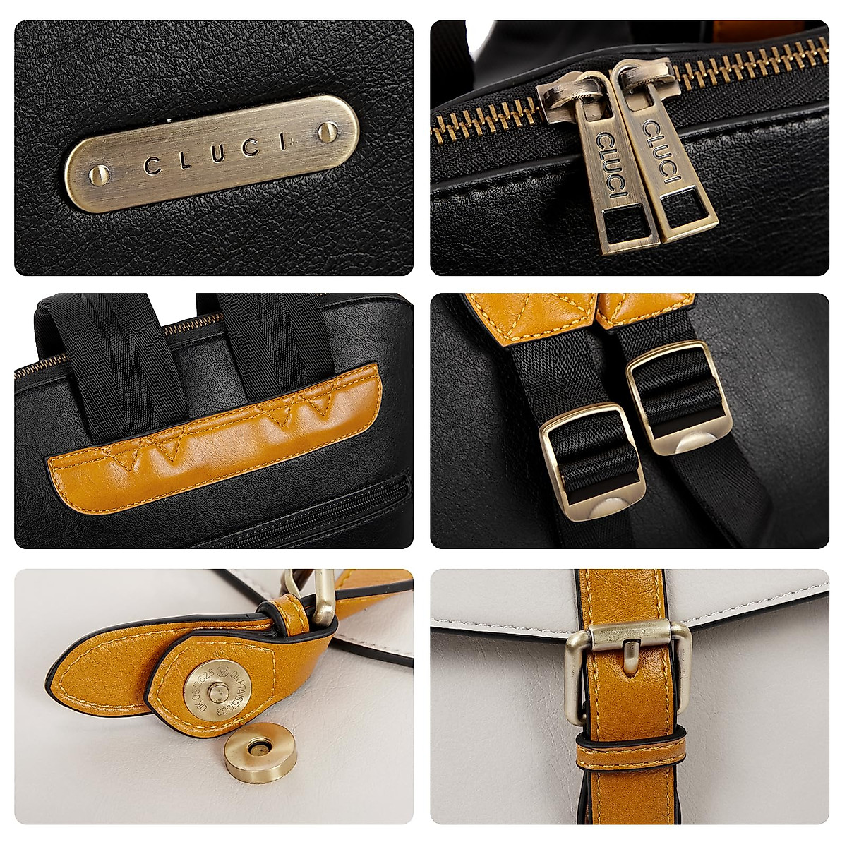 CLUCI Leather Laptop Backpack for Women 15.6 inch Computer Backpack Stylish Travel Backpack Purse for Women Work Daypack Bag Black-white with yellow