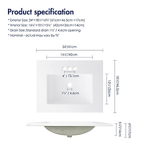 Eridanus 24"x18¼" Bathroom Sink with Three Holes (4inch Centerset), Ceramic Bathroom Vanity Sink Top with Overflow, Drop in Bathroom Vessel Sink Rectangle Ideal for Small Spaces ‎- Glossy White
