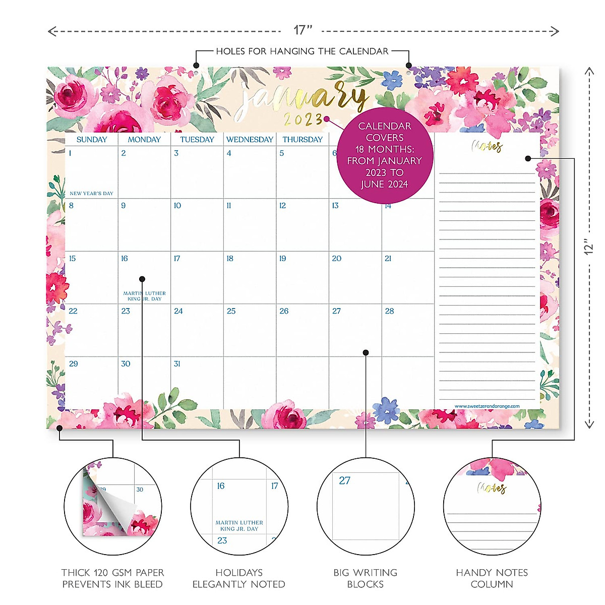 S&O Watercolor Floral Large Desk Calendar from Jan 2023-Jun 2024 - Tear-Away Table Calendar 2023-2024 - Desktop Calendar 2023-2024 - Academic Desk Calendar 2023-2024 - Desk Calendar Large - 12x17in