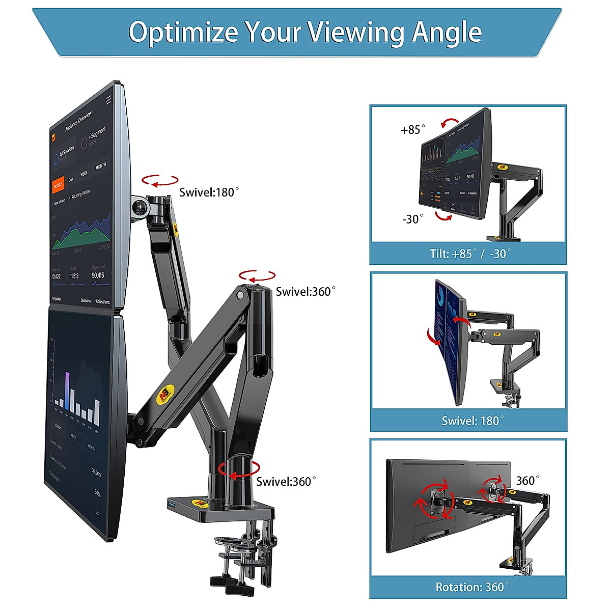 NB North Bayou Dual Monitor Arm Full Motion Swivel Monitor Mount with Gas Spring for 22''-32'' Monitors with Load Capacity from 4.4~30lbs for Each Arm Height Adjustable Monitor Stand G32-B