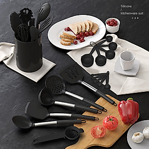 Large Silicone Cooking Utensils Set - Heat Resistant Kitchen Utensils Sets,Spatula,Spoon,Turner Tongs,Brush,Whisk,Stainless Steel Silicone Cooking Utensil for Nonstick Cookware Dishwasher Safe (Black)