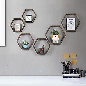 NANANARDOSO Hexagon Shelves for Wall, Pack of 6 Honeycomb Wall Shelves, Wood Farmhouse Storage Home Decor Shelf for Bathroom, Living Room, Office, Bedroom, Driftwood Finish, Brown.