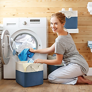 Patvingot 13x13x13 Storage Cube Bins,Set of 4, Large Foldable Fabric Storage Cubes with Handles for Organizing Home, Closet, Clothes, Toy, Book, Office(White&Blue)