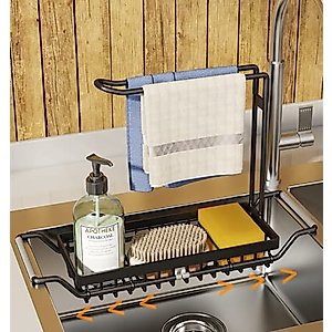 Lexza Telescopic Kitchen Sink Rack Holder,Sponge Holder with Dishcloth Drying Rack,Home Kitchen Multifunction Telescopic Sink Organizer Basket,Stainless Steel Sponge Holder for Kitchen Sink (Black)
